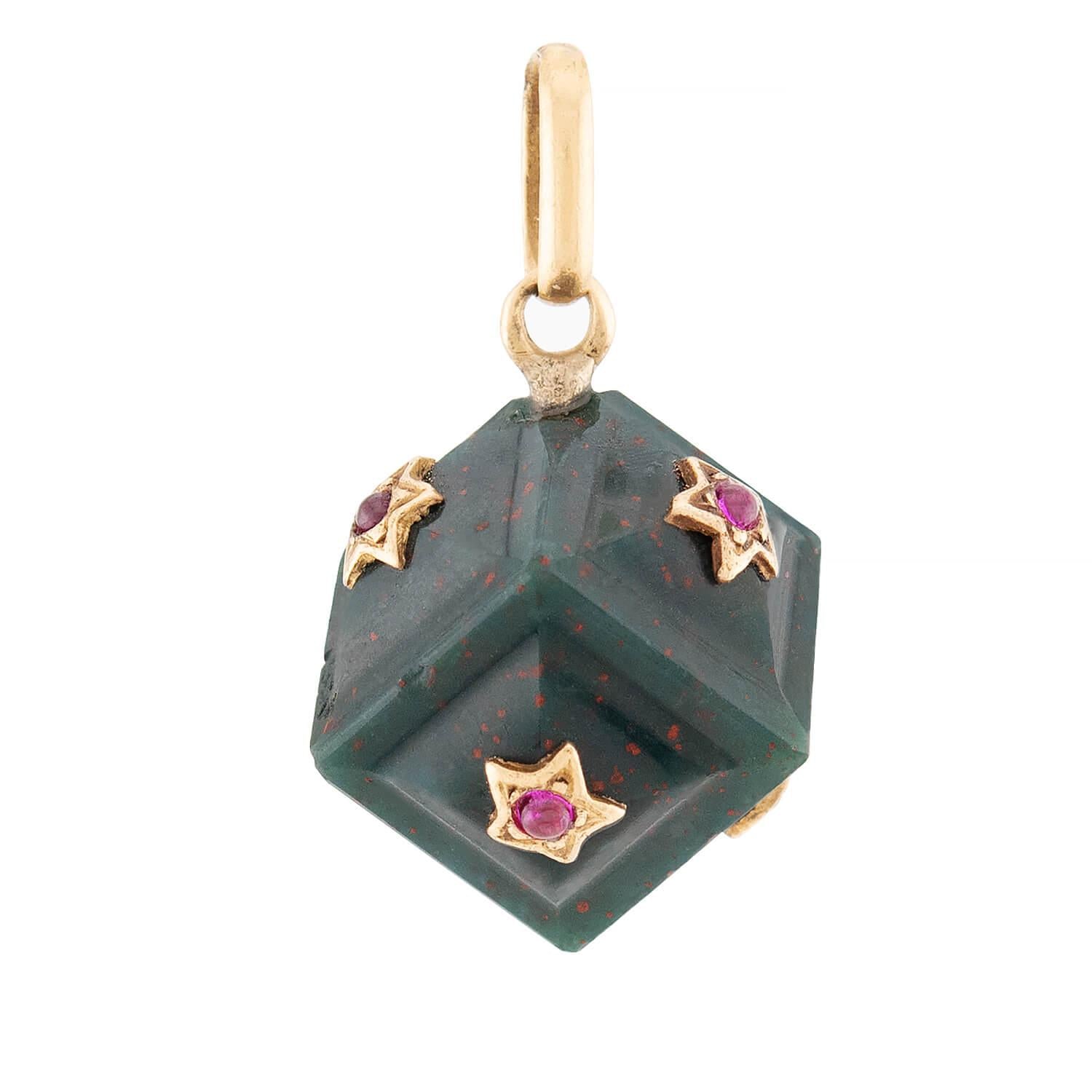 Victorian 14k Bloodstone and Ruby Cube Pendant/Charm