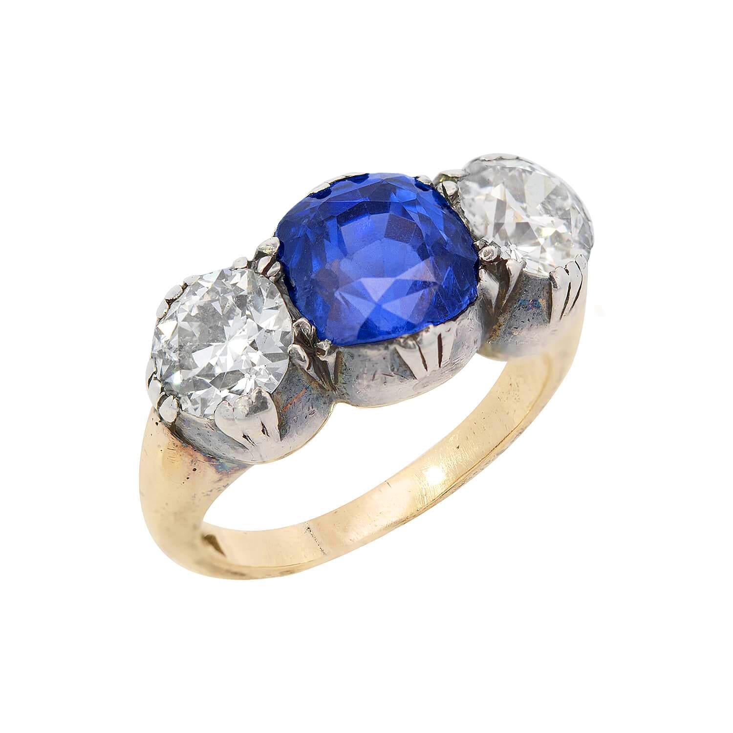 Victorian 18k/Sterling Silver GIA No Heat Ceylon Sapphire & Diamond Ri