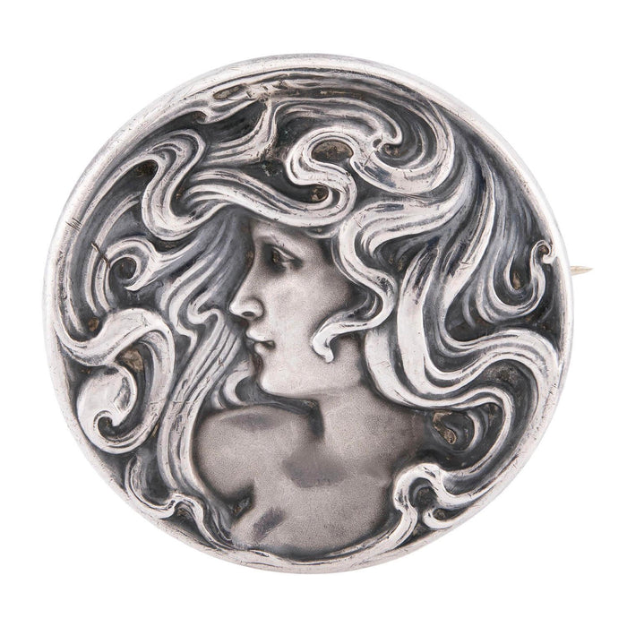 WILLIAM LINK Art Nouveau Repousse Sterling Silver Pin