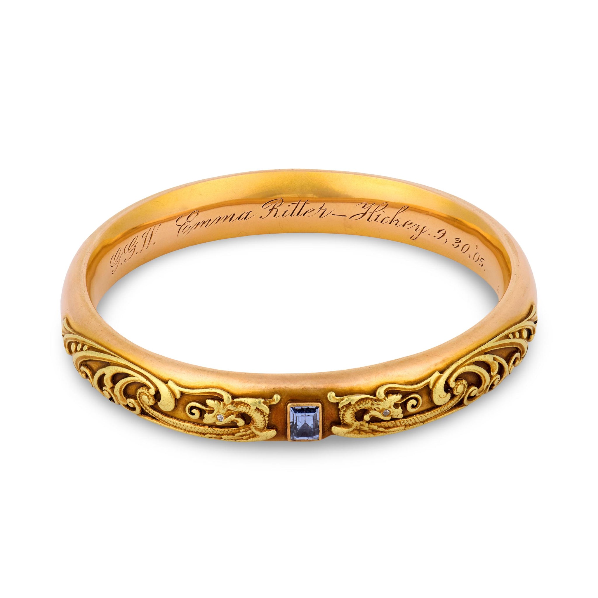RIKER BROS. Art Nouveau 14k Diamond & Aqua Dragon-Motif Bangle