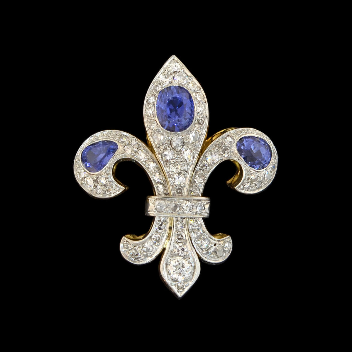 Edwardian 18kt/Platinum Natural Ceylon Sapphire + Diamond Fleur-de-Lys