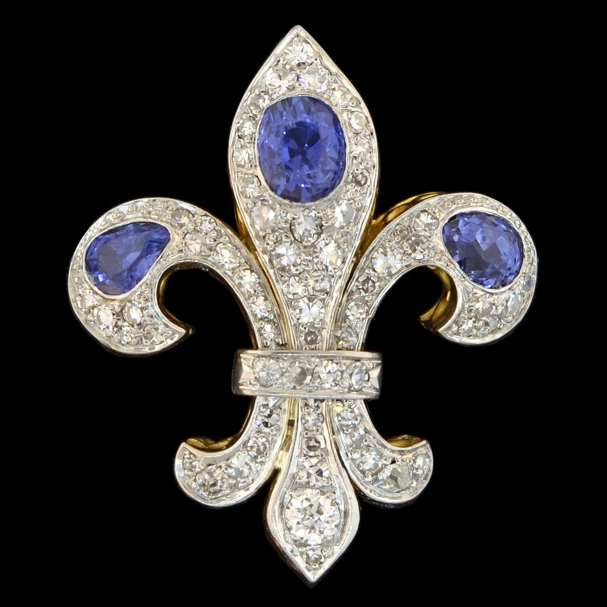 Edwardian 18kt/Platinum Natural Ceylon Sapphire + Diamond Fleur-de-Lys