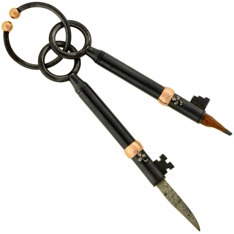 Victorian 18kt/Gunmetal Retractable Double Skeleton Key Pendant w/ Hid