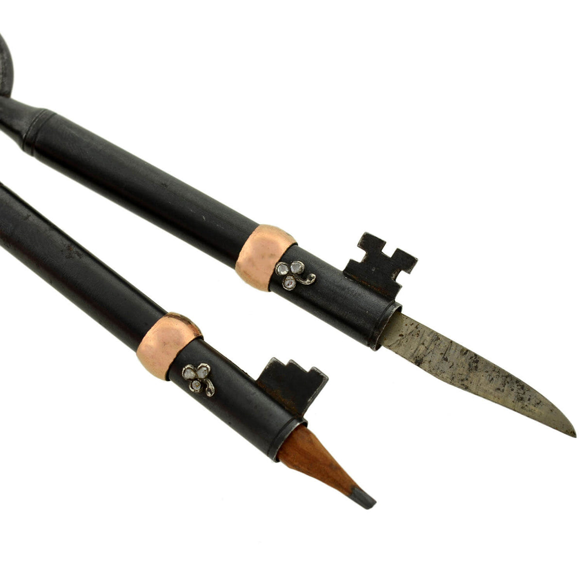 Victorian 18kt/Gunmetal Retractable Double Skeleton Key Pendant w/ Hid